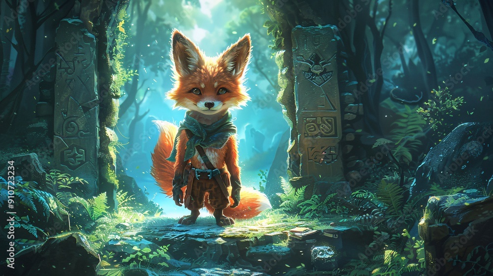 Fox explorer standing between ancient pillars with carved symbols in a ...