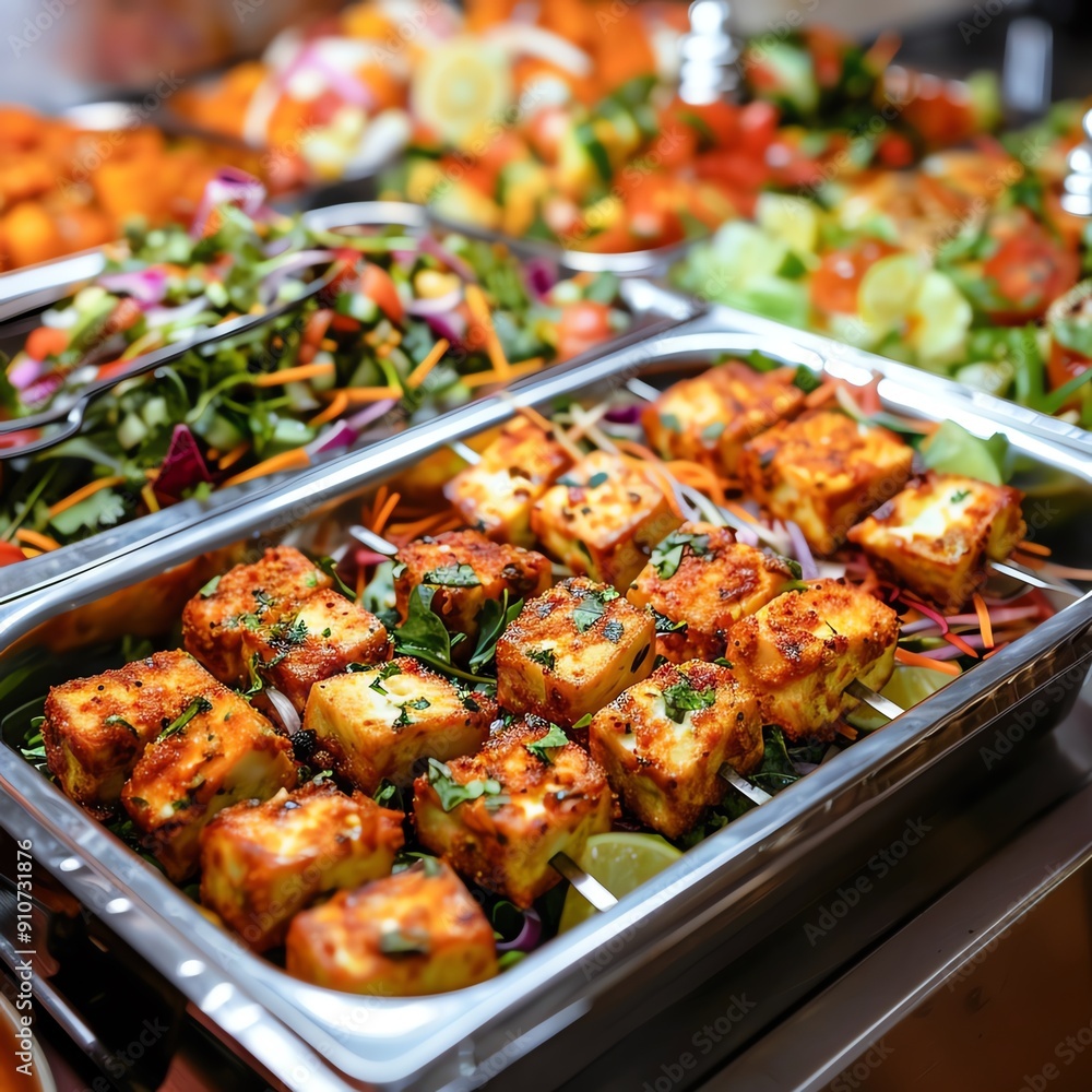 Traditional Indian buffet with roasted paneer skewers and colorful ...