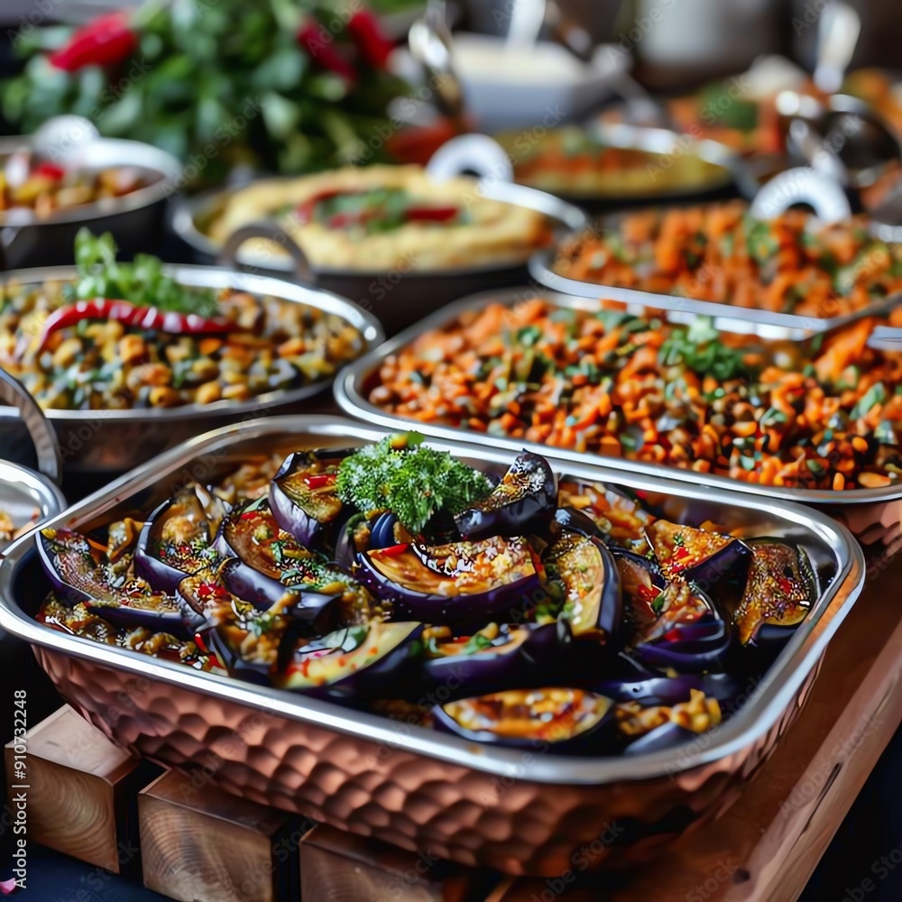 Buffet with roasted eggplant bharta and other traditional Indian dishes ...