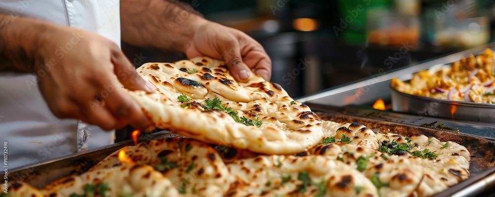Chef preparing roasted naan bread in a tandoor at an Indian buffet ...