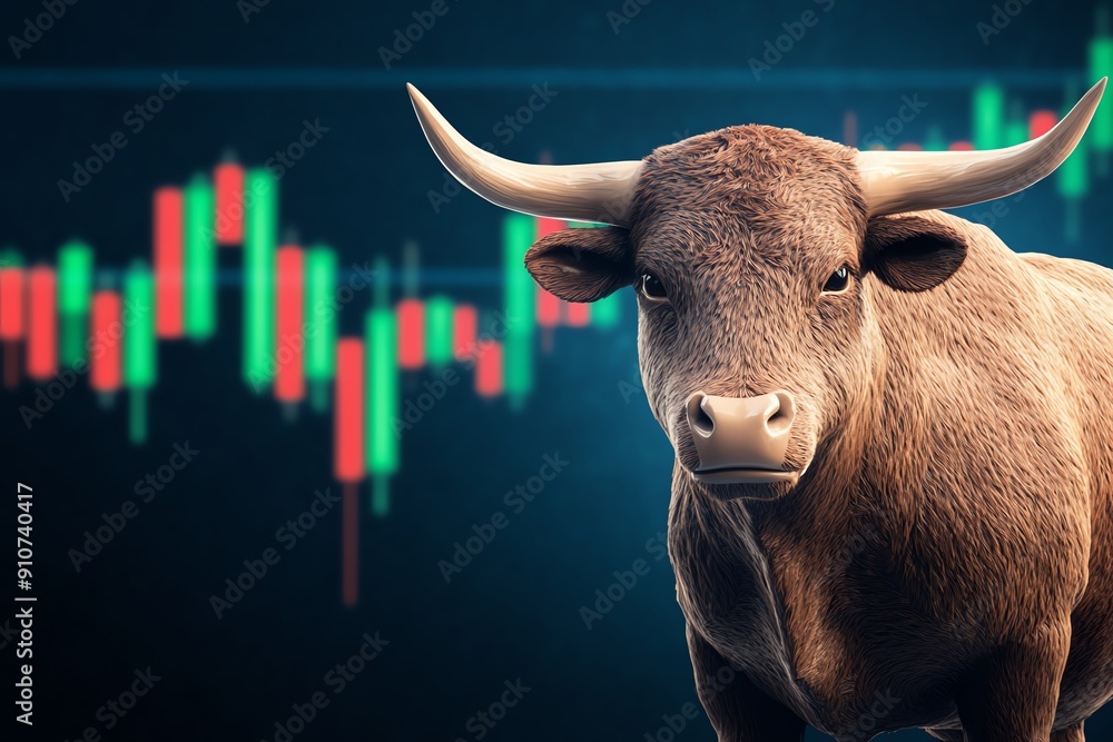 Bull market concept. A bull with horns in front of a stock market chart ...