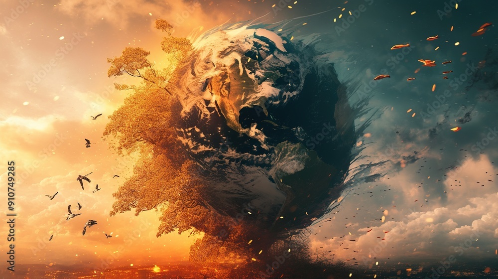 Climate change effects on Earth, fire and smoke, birds fleeing, visual ...