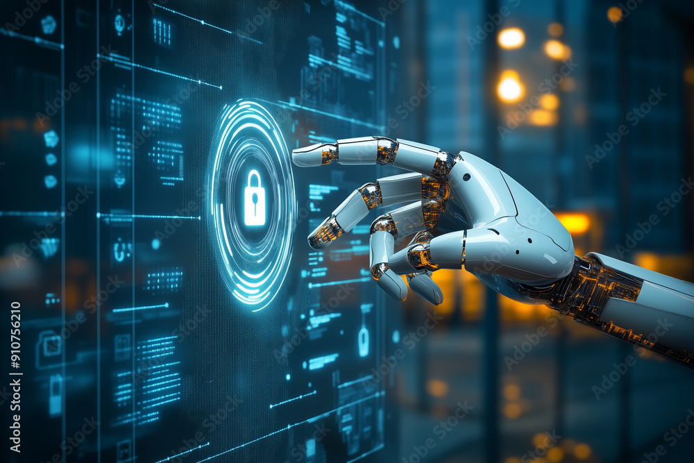 AI robot checks security system at bank on virtual screen, artificial ...