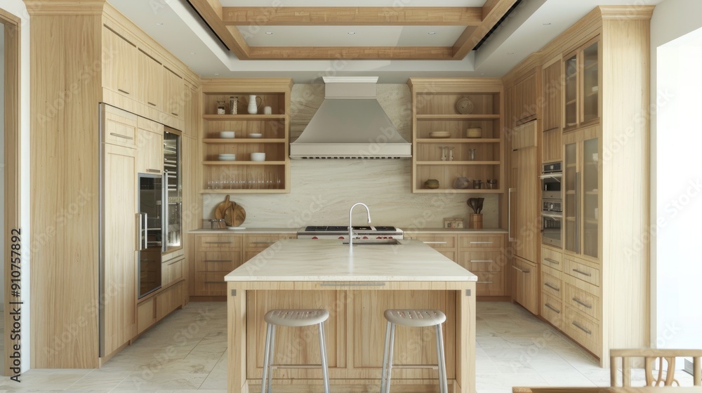 Traditional kitchen with white oak shaker cabinets, travertine ...