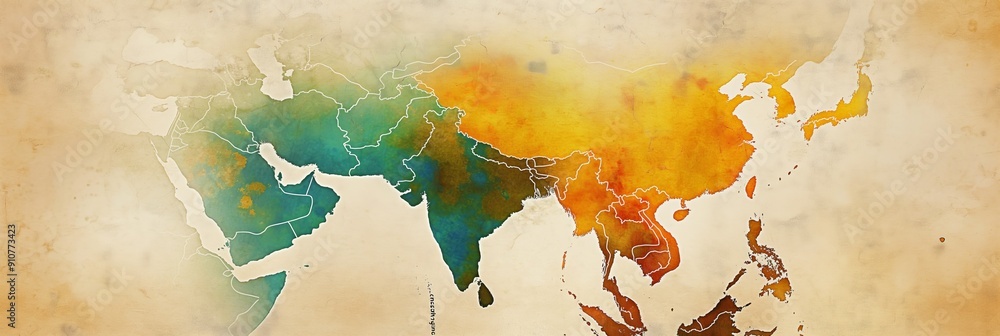 This artistic map of Asia uses vibrant colors to delineate country ...