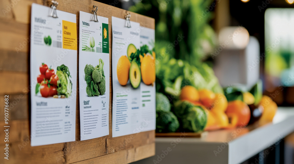 Fresh fruits and vegetables displayed on a counter with informative ...