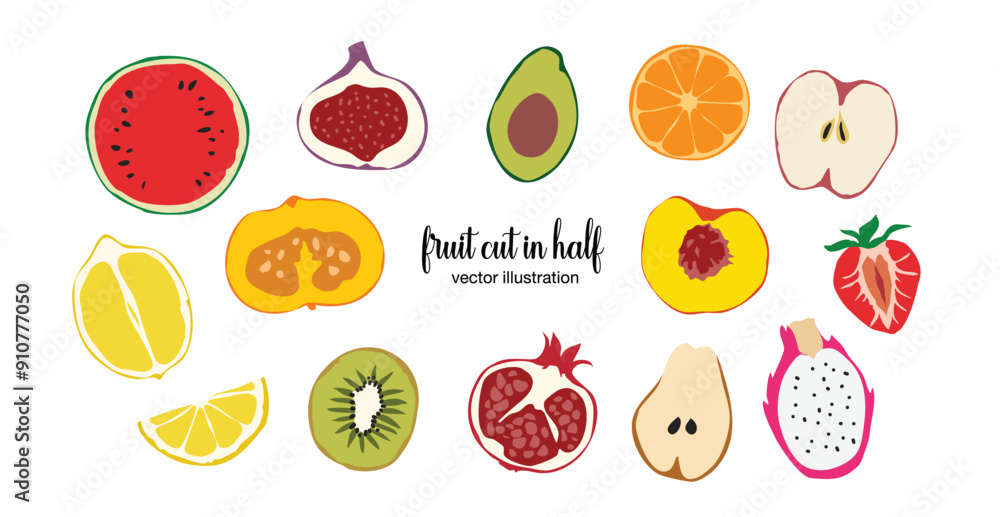 Fruit cut in Hand-drawn style set , cut in half, Drawing of food ...