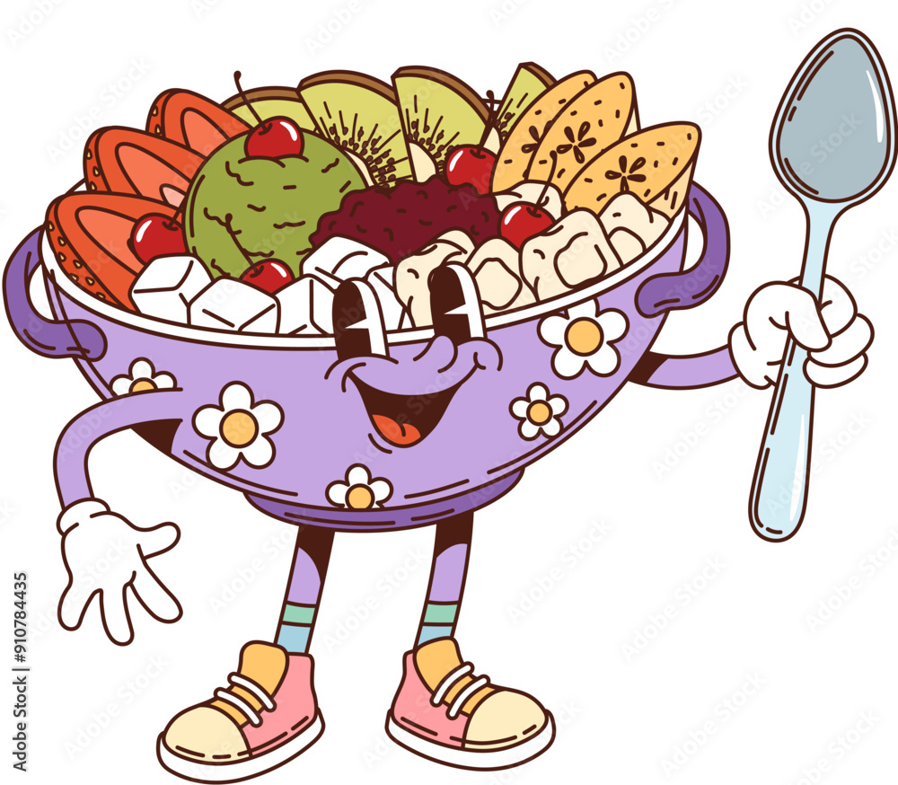 Cartoon groovy japanese anmitsu dessert character holding a spoon ...