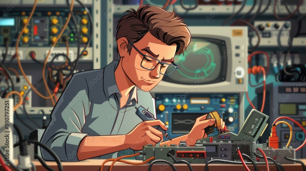 Cartoon Vector showing a technician diagnosing a problem with a piece ...
