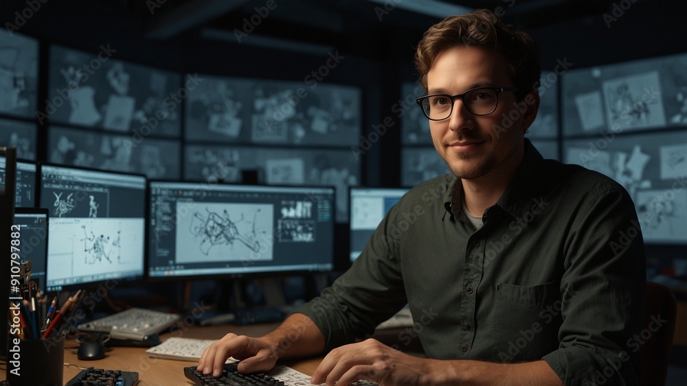 An animator creating in a studio, surrounded by animated scenes and ...