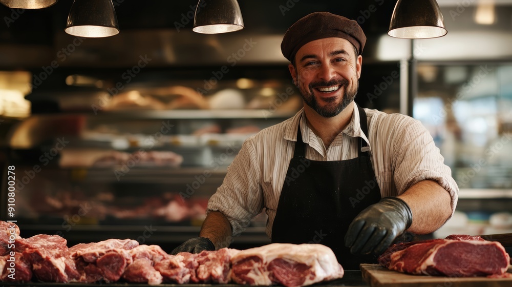 Smiling of butcher man behind counter of meat market of grocery store ...