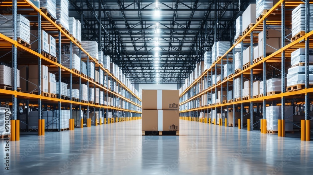 Modern warehouse interior with steel beams and organized shelving units ...