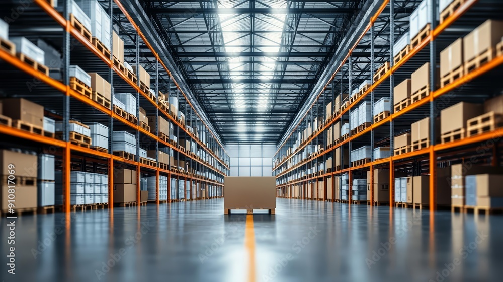 Modern warehouse interior with steel beams and organized shelving units ...