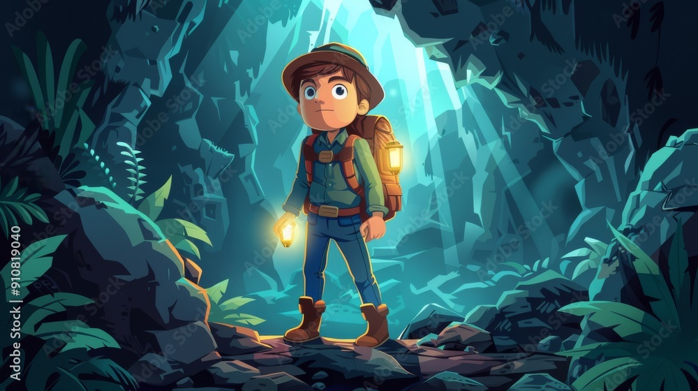 Cartoon vector adventurer exploring a mysterious cave system on a ...