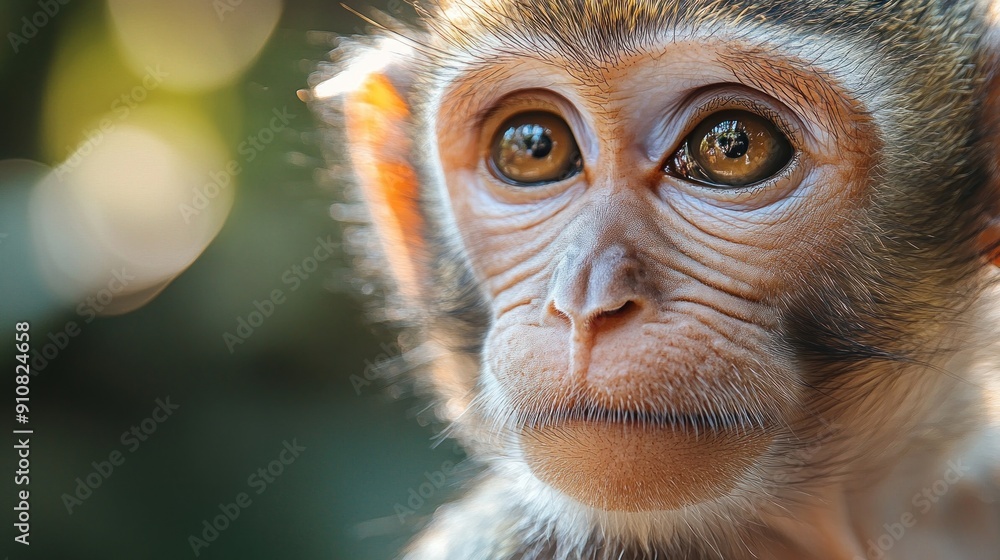 A close-up of a monkey face with expressive eyes and a friendly smile ...