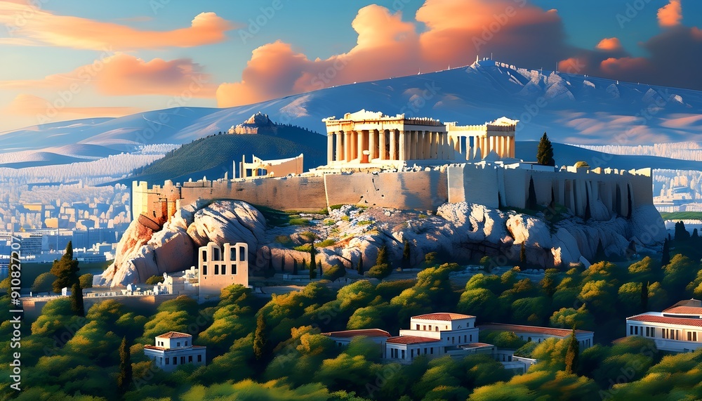 The magnificent landscape of the Acropolis, the green hills blend with ...