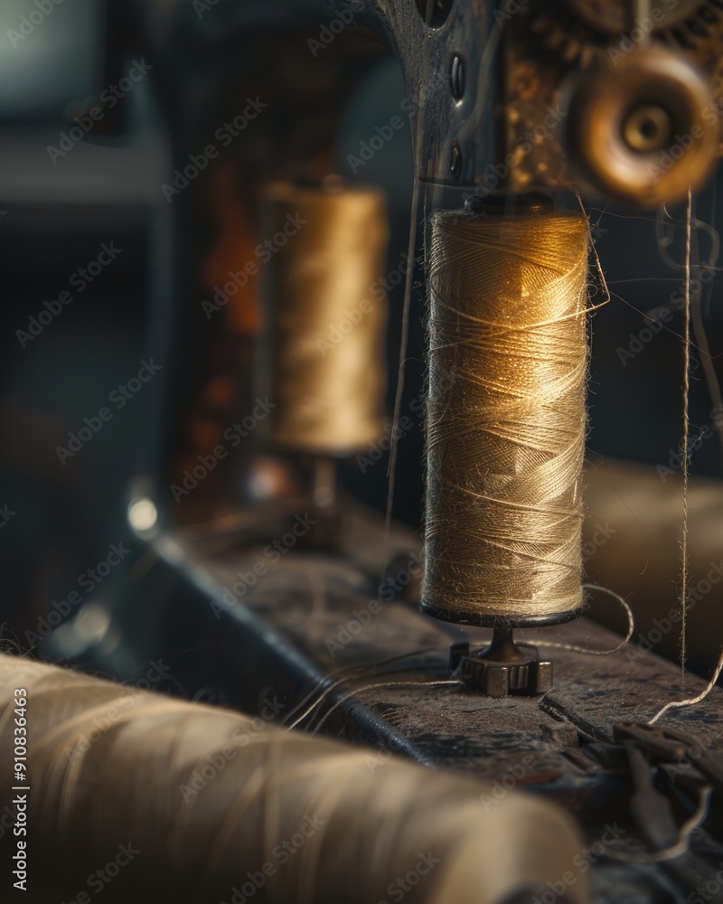 Delicate thread spools casting shadows, moody lighting, close up ...