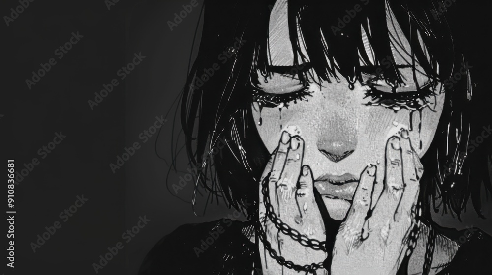 Manga panel of a girl character with a sorrowful look, holding a broken ...