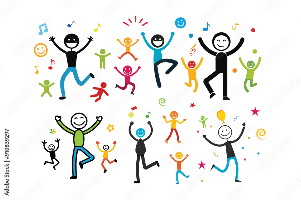 Happy colorful stick figure man dancing hands up different poses vector ...