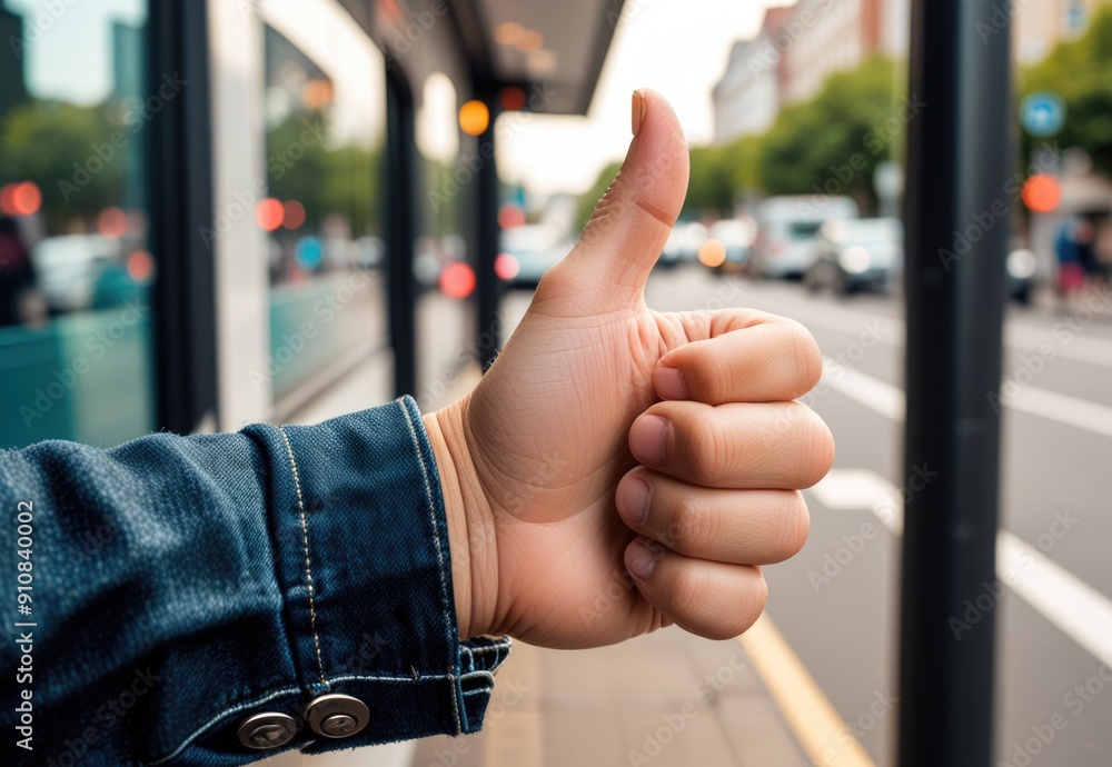 Thumbs-Up Gesture at Urban Bus Stop: Symbol of Approval Stock ...