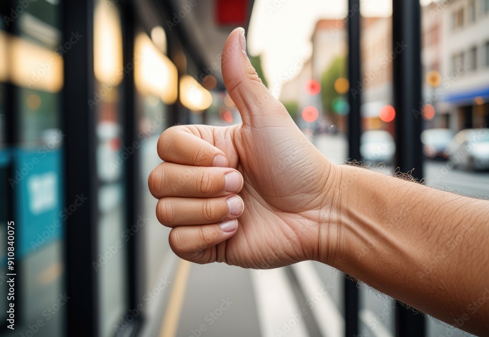 Thumbs-Up Gesture at Urban Bus Stop: Symbol of Approval Stock Photo ...