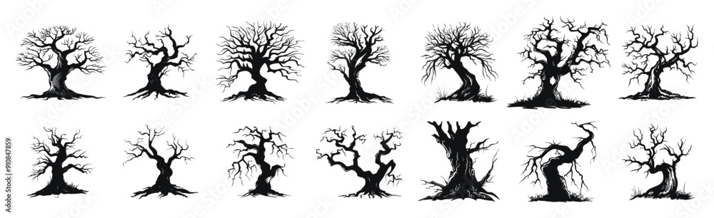 Haunted trees vector cartoon illustration. Collection of eerie, bare ...