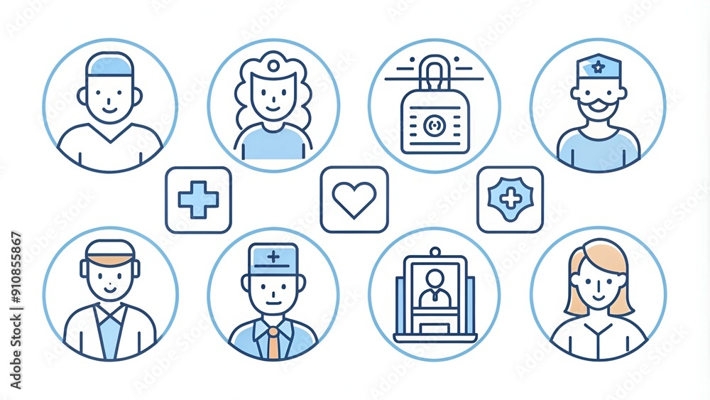Set of Face attention, Hospital nurse and Group people line icons for ...
