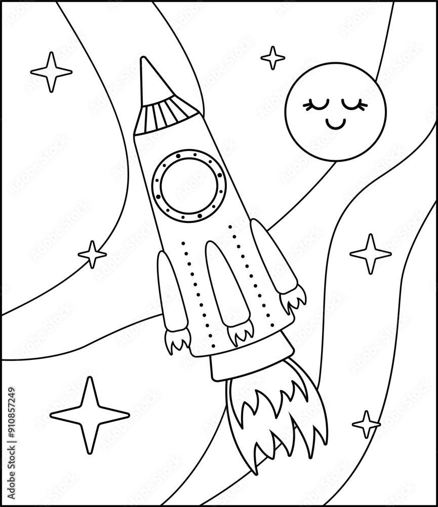 Coloring page. Flying rocket with fire in turbine. Black and white ...