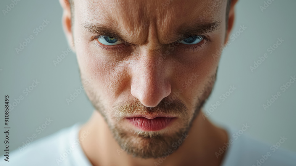 Close-up of a man with an intense, angry expression and furrowed brows ...