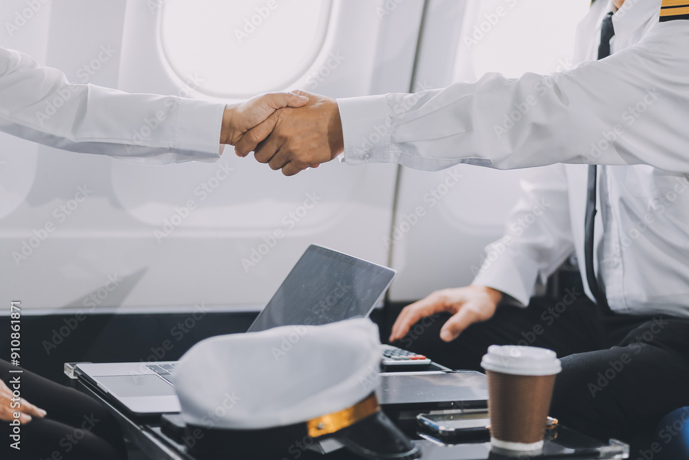 Professional pilot woman in uniform has teamwork meeting for success ...
