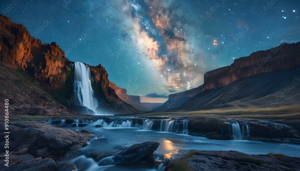 Waterfalls and cliffs under the stars, the Milky Way shines, and the ...