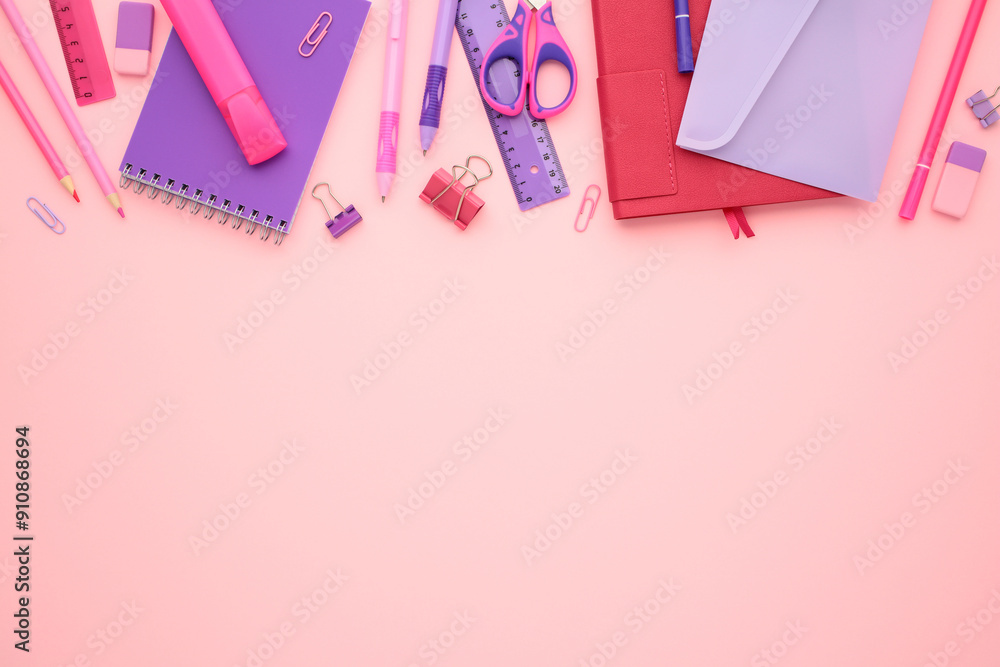 Neatly arranged school supplies on a vibrant pink background. Perfect ...