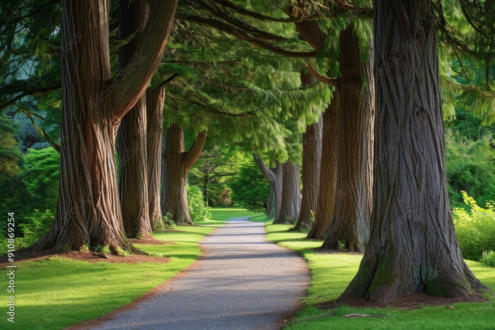 This photo captures a path lined with trees in the center of a park ...