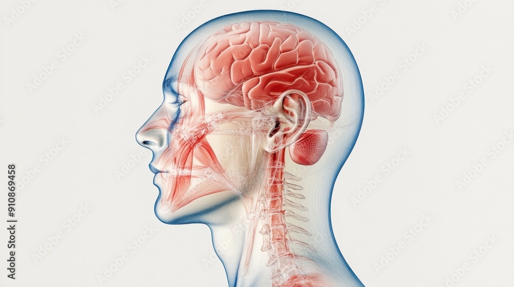Detailed Side View Illustration of Human Head and Neck Showing Brain ...