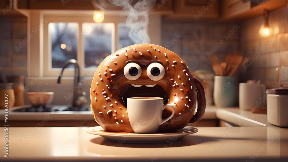 animated donut with anthropomorphic limbs gently grasping a diminutive ...