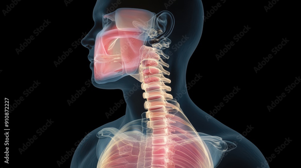 Side view of human trachea and cervical spine highlighting detailed ...
