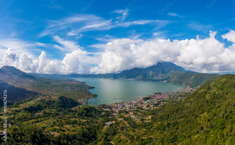 Kintamani, Bali: Dramatic aerial view of the Batur lake in the crater ...