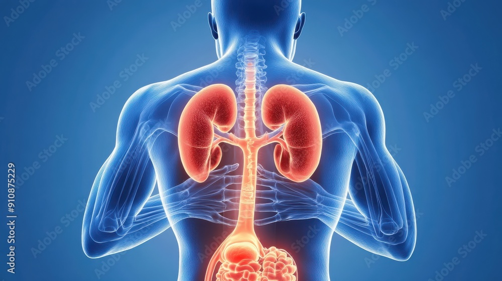 High-resolution 3D anatomical illustration showing human kidneys and ...