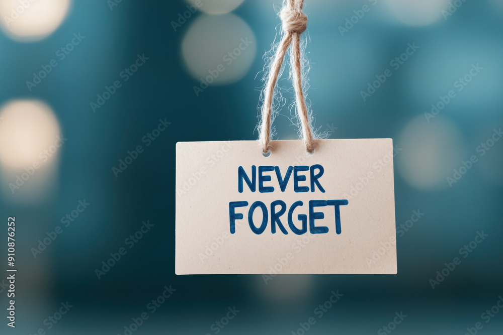 'Never Forget' message on a hanging tag, set against a blurred blue ...