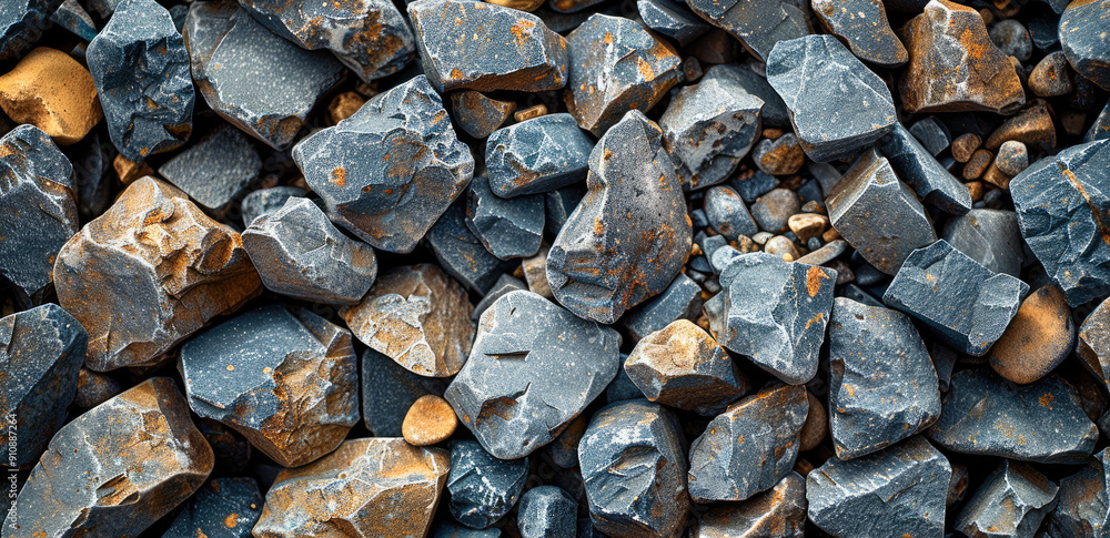 Metallic gravel, big rocks gradually changing to small gravel from left ...