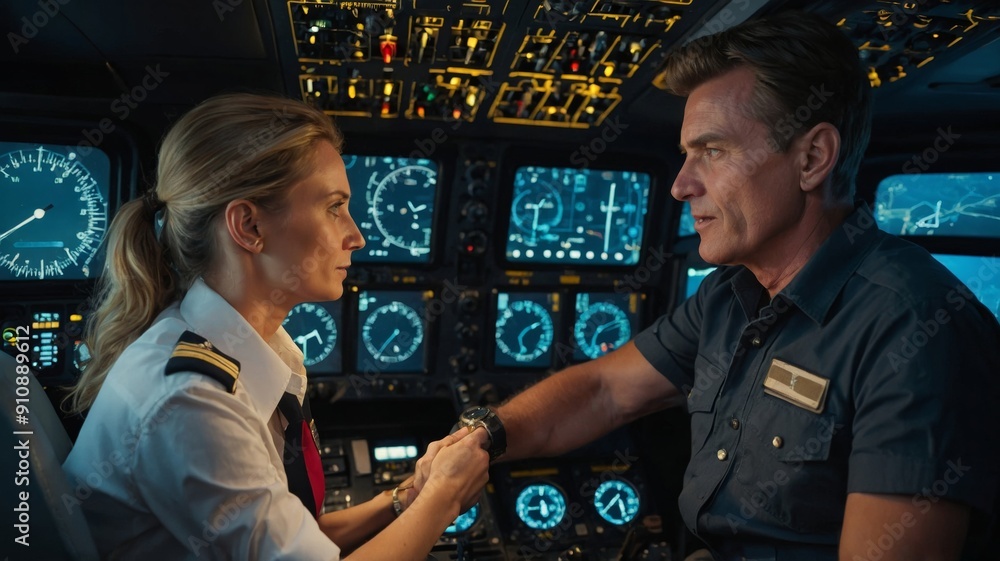 Captain and woman copilot in cockpit preparing to fly Stock Photo ...