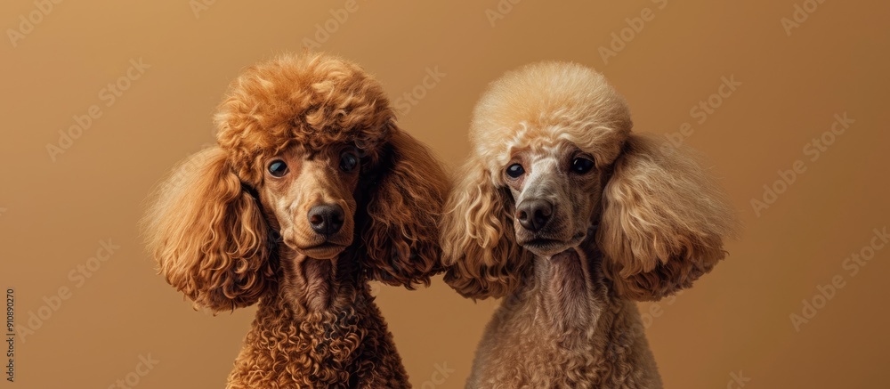 Two delightful poodles stand side by side in front of a brown ...