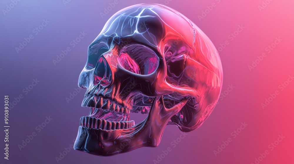 A skull with holographic abstract 3D shapes wrapping around its jaw and ...