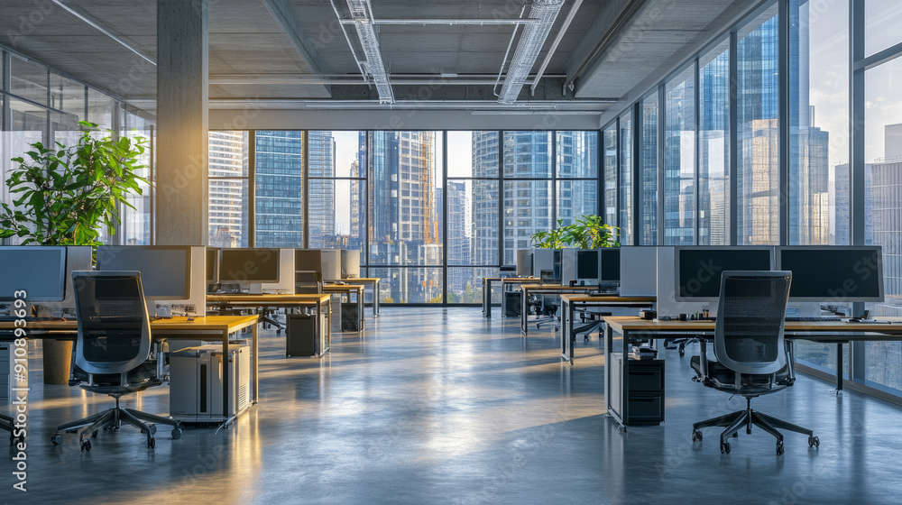 Modern bright office space with row of computers on desks. Concrete ...