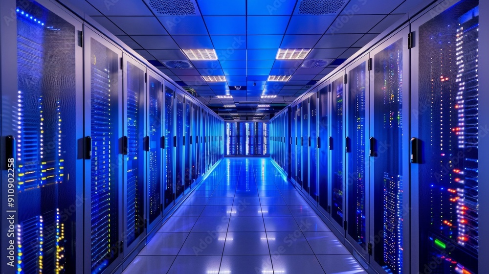 inside a magnificent data center with numerous servers and storage bays ...