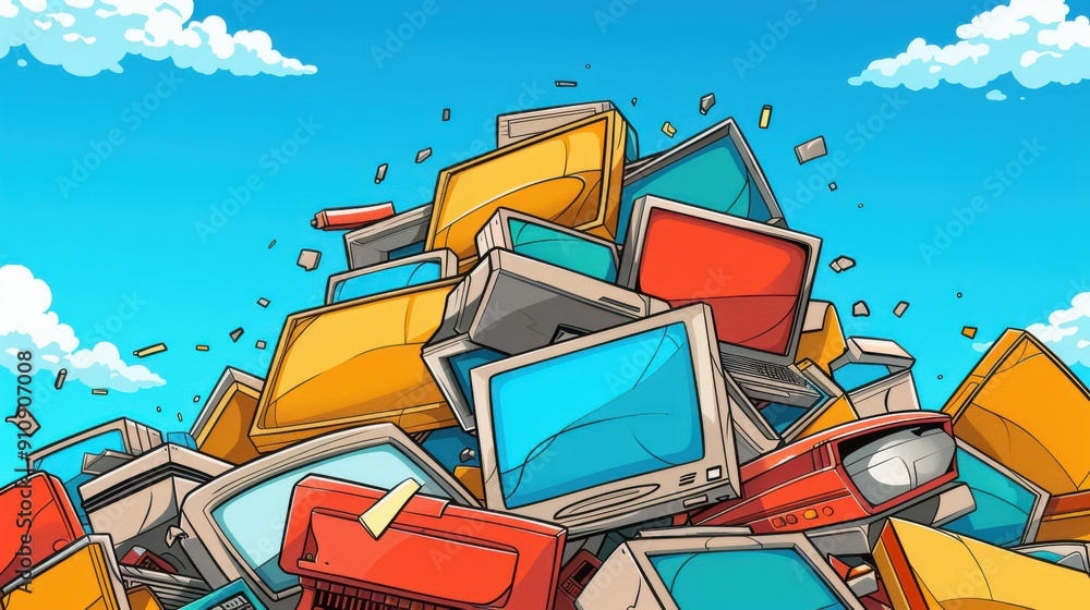 An enormous pile of outdated monitors and keyboards, symbolizing ...