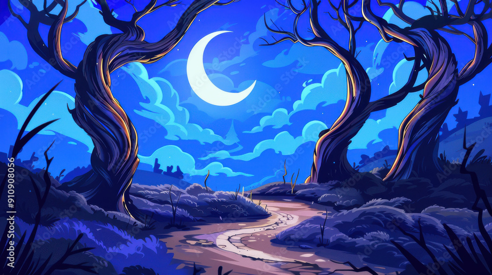 Wander a haunted path through twisted trees under a bright full moon in ...