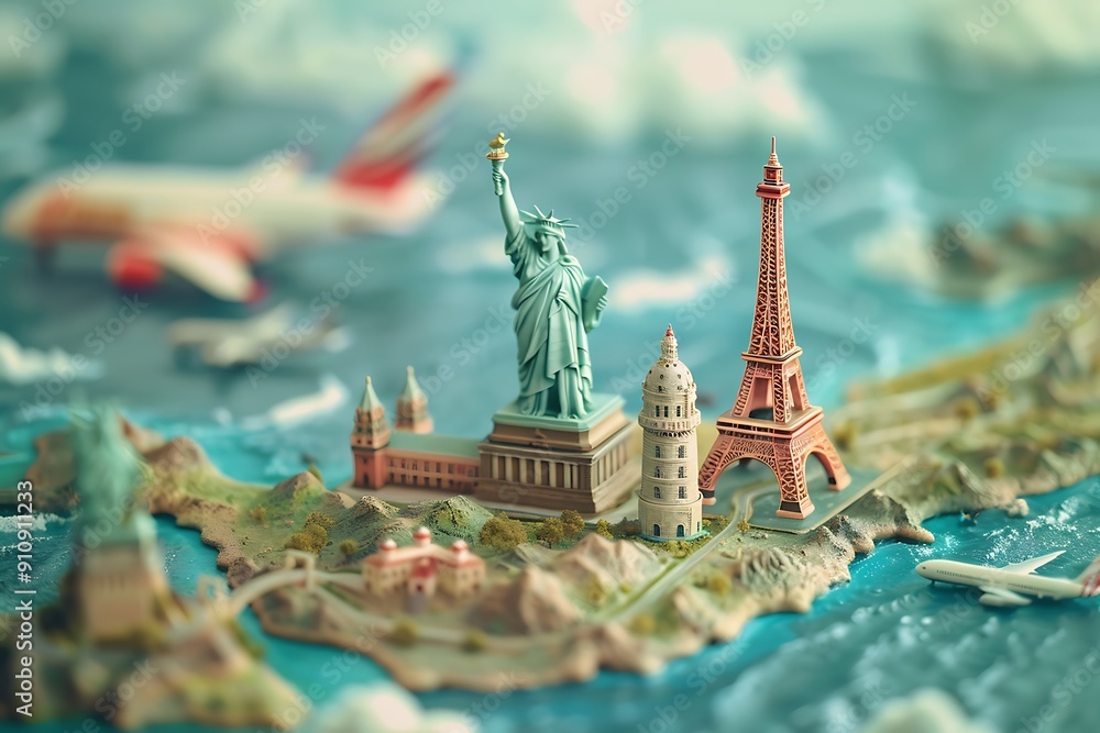 Miniature model of iconic landmarks, airplanes, and landscapes ...