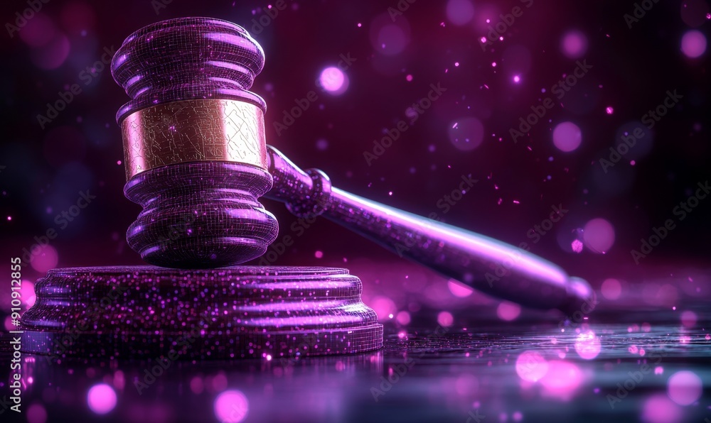 Glowing Neon Abstract Justice Concept: 3D Low Poly Judge's Gavel and ...