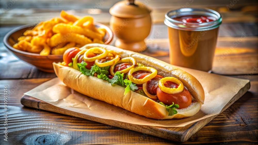 Foto de Un hot dog gourmet servido en un pan suave, cubierto con ...